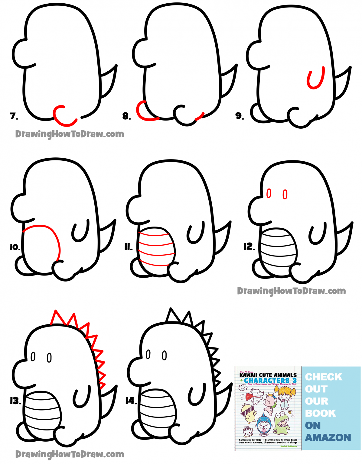 How to Draw a Cute Dinosaur (Kawaii / Chibi) Easy Step-by-Step Drawing ...